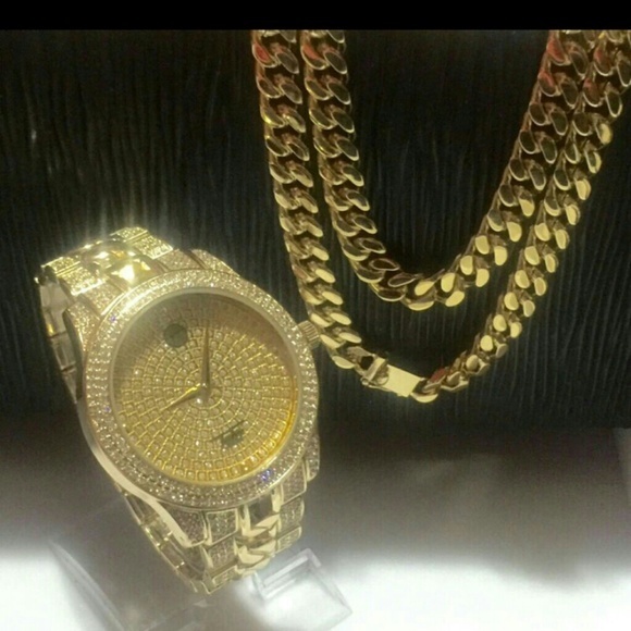 Accessories | 14k Gold Plated Iced Out Watch Chain Combo | Poshmark